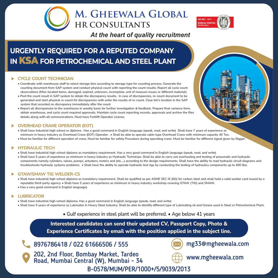 WALK IN INTERVIEW AT MUMBAI FOR KSA October 31, 2024