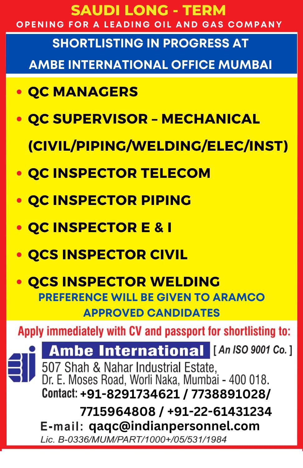 WALK IN INTERVIEW AT MUMBAI FOR SAUDI ARABIA May 12, 2026