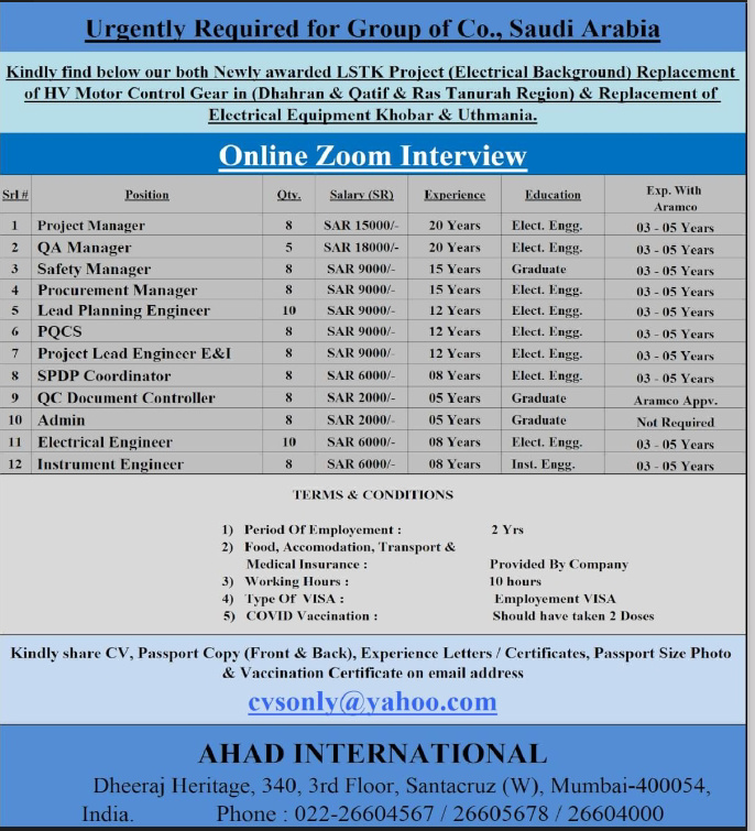 WALK IN INTERVIEW AT MUMBAI FOR SAUDI ARABIA December 21, 2024