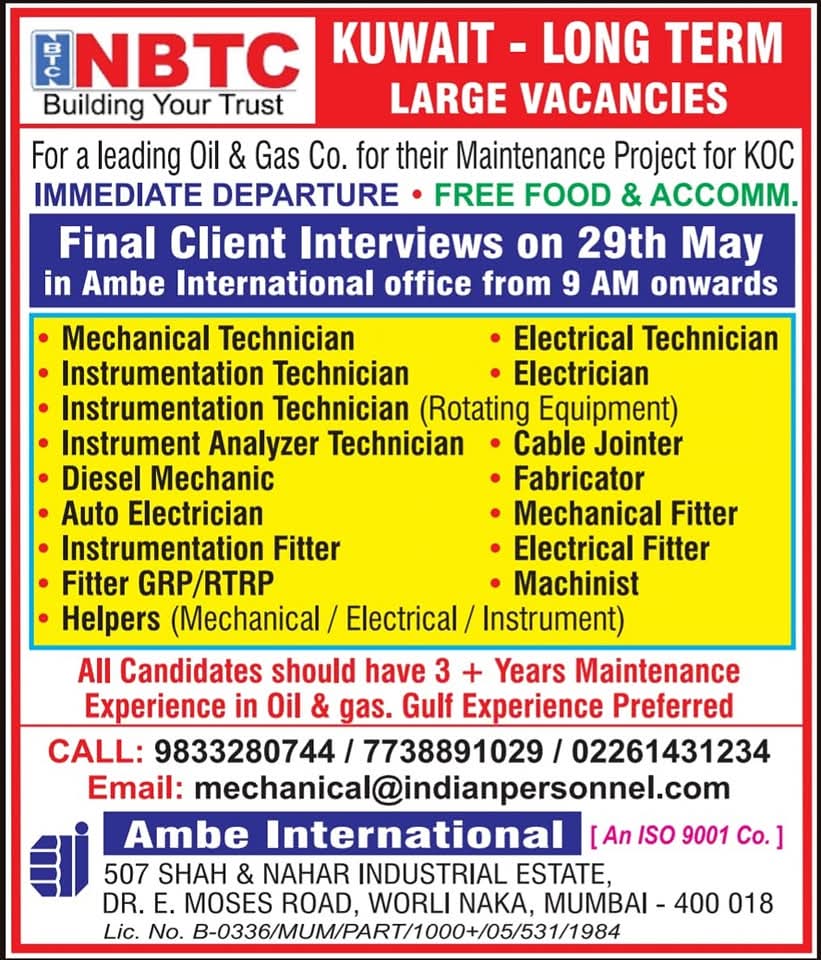 URGENTLY REQUIRED FOR MAINTENANCE PROJECT FOR KOC IN KUWAIT June 29, 2025