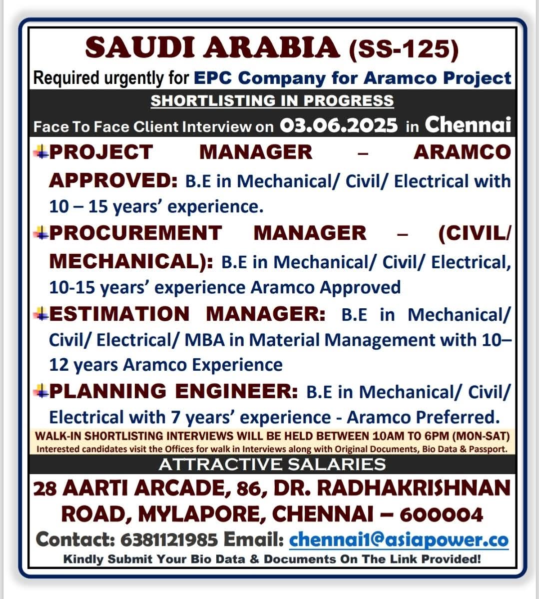 URGENTLY REQUIRED FOR EPC COMPANY FOR ARAMCO PROJECT IN SAUDI ARABIA ...